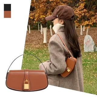 【MoonDy】包包 腋下包 斜背包 鎖頭包 復古包包 黑色包包 真皮包包 腋下牛皮肩背包 棕色包包 質感包包 女生禮物