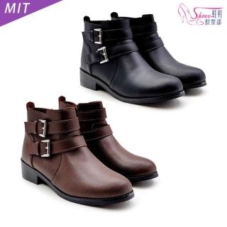 【ShoesClub 鞋鞋俱樂部】MIT百搭雙扣低跟短靴 跟靴 女鞋 023-SS9715 黑/咖(台灣短靴) (現貨+預購）