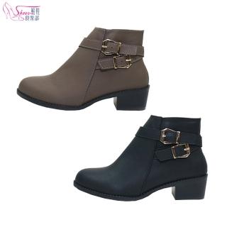 【ShoesClub 鞋鞋俱樂部】MIT金屬雙扣帶中跟短靴 女鞋 黑/可可 023-CM7821 (現貨+預購）
