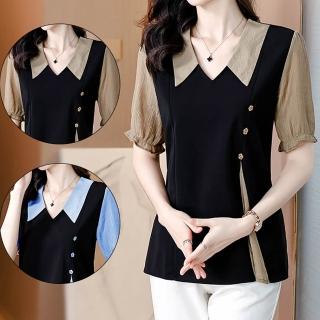 【麗質達人】6236黑色拼接假二件上衣-二色LY (L-5XL)