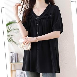 【麗質達人】8059黑色V領短袖上衣-LY (L-5XL)