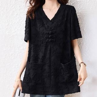 【麗質達人】5292黑色V領雙口袋上衣-LY (L-5XL)