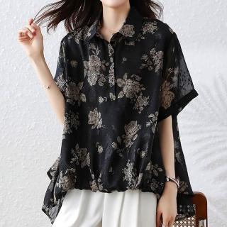 【麗質達人】3085黑色翻領印花上衣-LY (L-5XL)