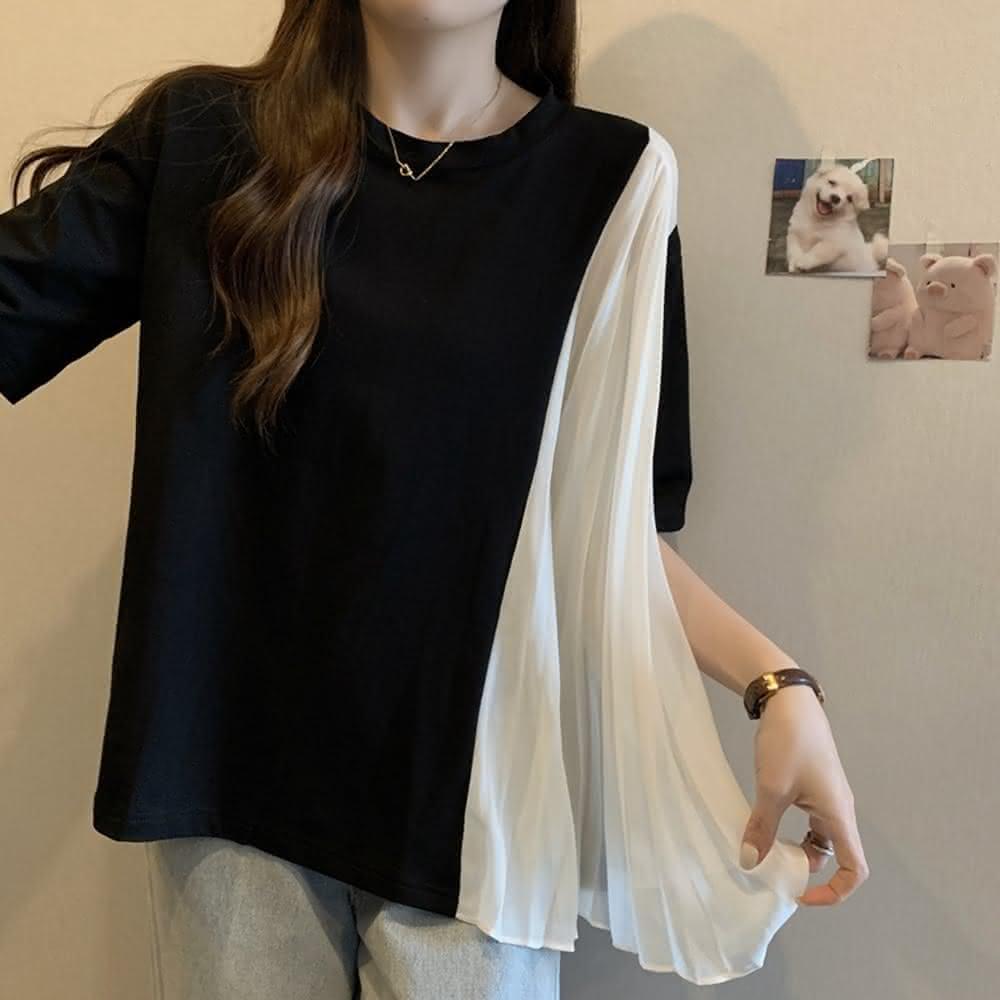 【Paiya 派亞】大碼女裝胖mm夏裝設計感小衆百褶雪紡拼接上衣ins寬松短袖T恤衫M-4XL