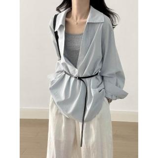 M SELECT 2025春夏新款 文青OL氣質兩件式套裝 韓系翻領V領襯衫＋吊帶背心 附腰帶 上班穿搭推薦