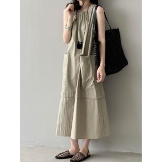 M SELECT 2025夏季新款 文青慵懶風 工裝風大口袋無袖洋裝 簡約顯瘦長版休閒連身裙 山本裙設計感