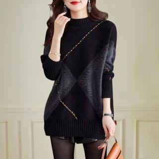 【ROCU 若初】寬鬆菱格紋半高領長袖針織衫毛衣上衣女上衣-黑色-39017(F可選)