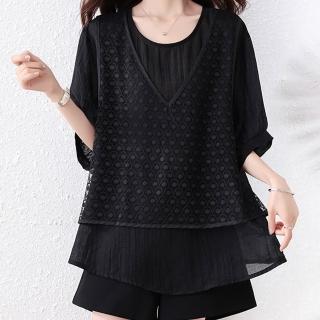 【麗質達人】2385黑色假二件上衣-LY (L-5XL)