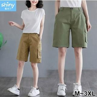 【Shiny 藍格子】舒適休閒後鬆緊工裝五分褲 V5110(女裝 短褲 褲子)
