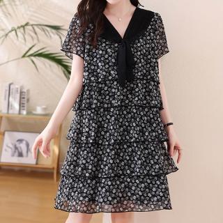 【麗質達人】1821黑色印花蛋糕洋裝-LY (L-5XL)