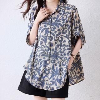 【麗質達人】9102藍色印花上衣-LY (L-5XL)
