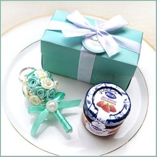 g1580 Double Love T盒「藍蓋hero果醬+捧花鑰匙圈」小禮盒--婚禮小物.禮贈品.送客戶送伴娘幸福朵朵