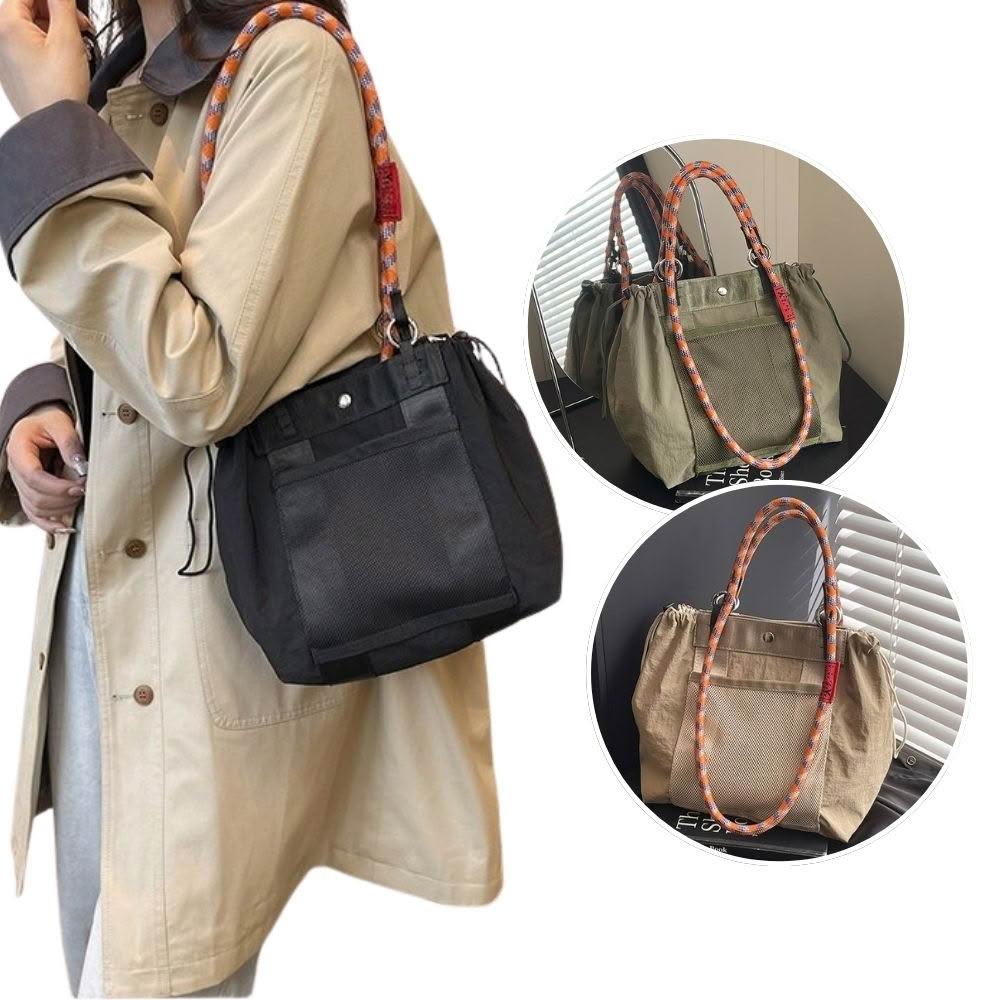 【Bliss BKK】彩繩手提拼接網格尼龍肩包 兩用包 肩背包 手提包 尼龍包 (3色可選)