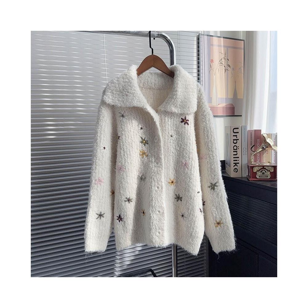 溫柔風重工刺繡花朵翻領毛衣外套女秋冬新款寬松慵懶風針織衫開衫