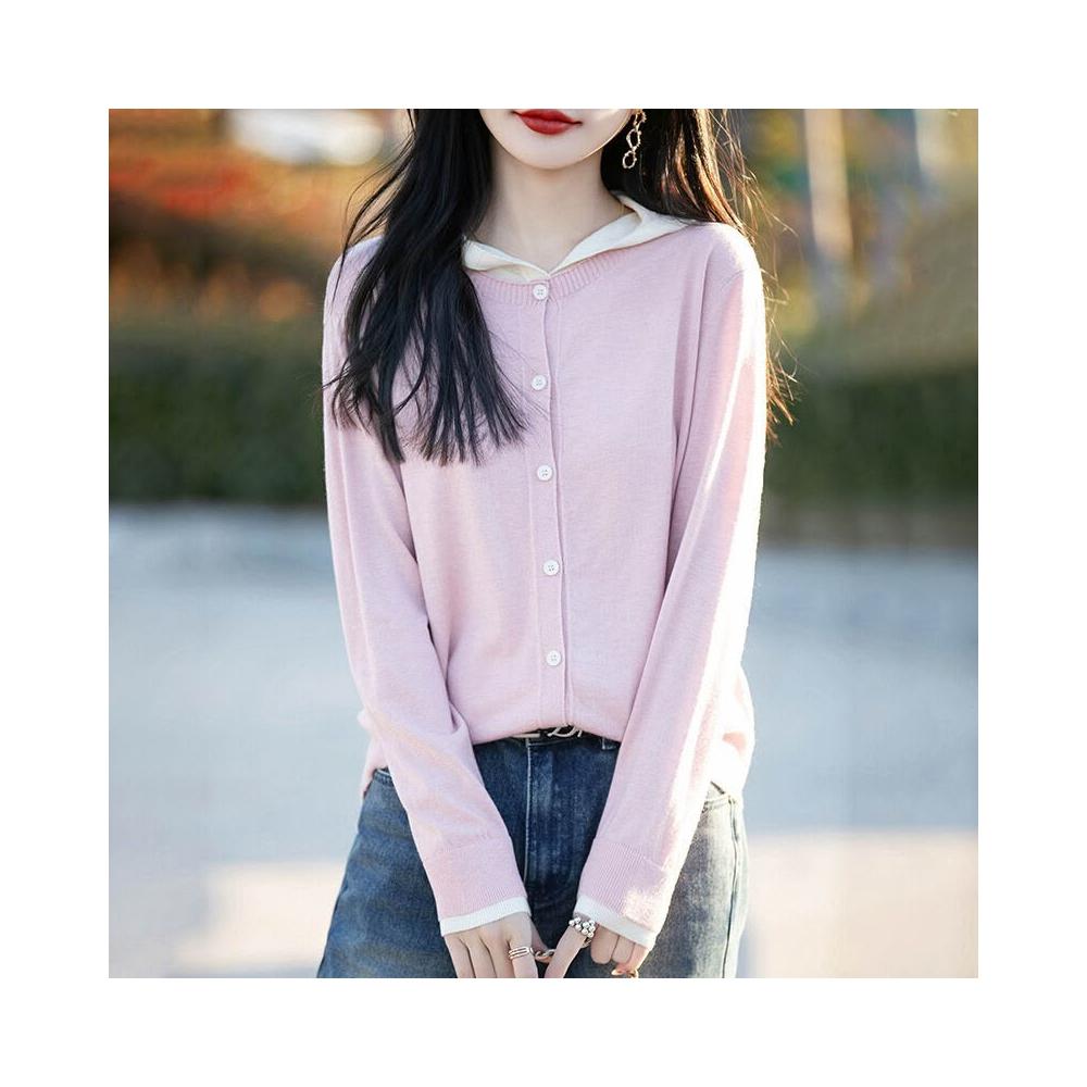 春秋新款女士針織衫寬松外搭精紡羊毛連帽針織開衫拼色假兩件上衣