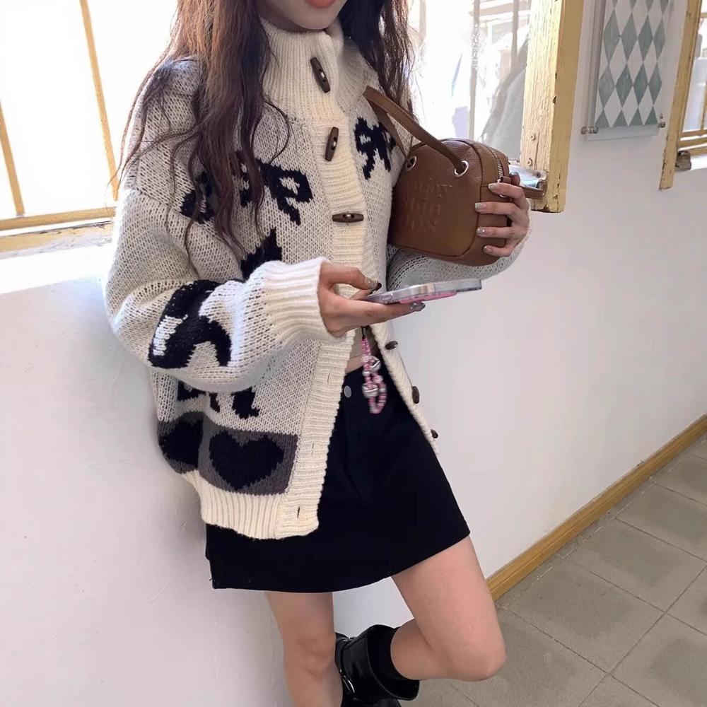 韓系慵懶風復古毛衣女開衫秋冬季新款設計感牛角扣寬松針織衫外套