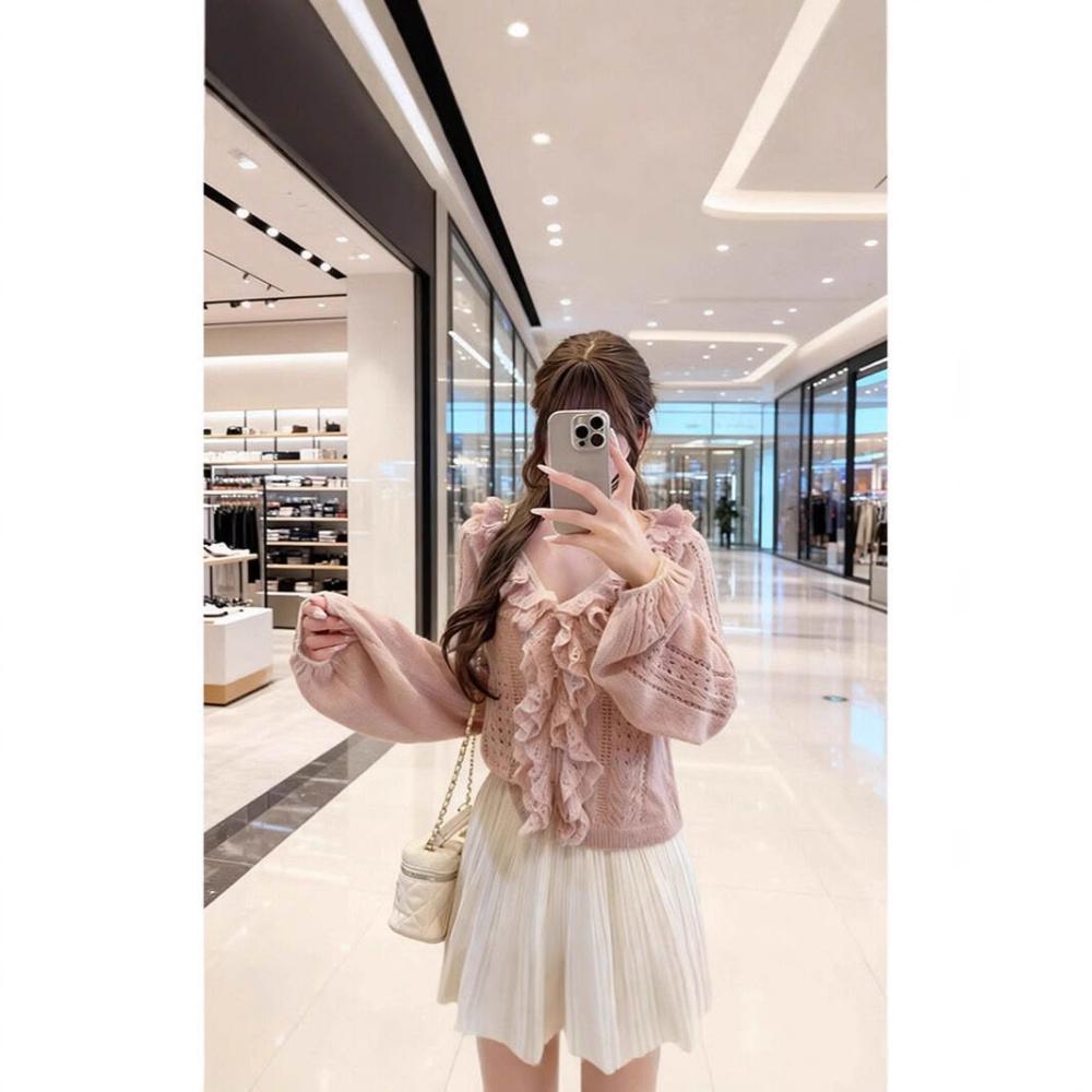 2025新品春秋日韓風格甜美減齡V領木耳邊燈籠袖麻花針織開衫ins