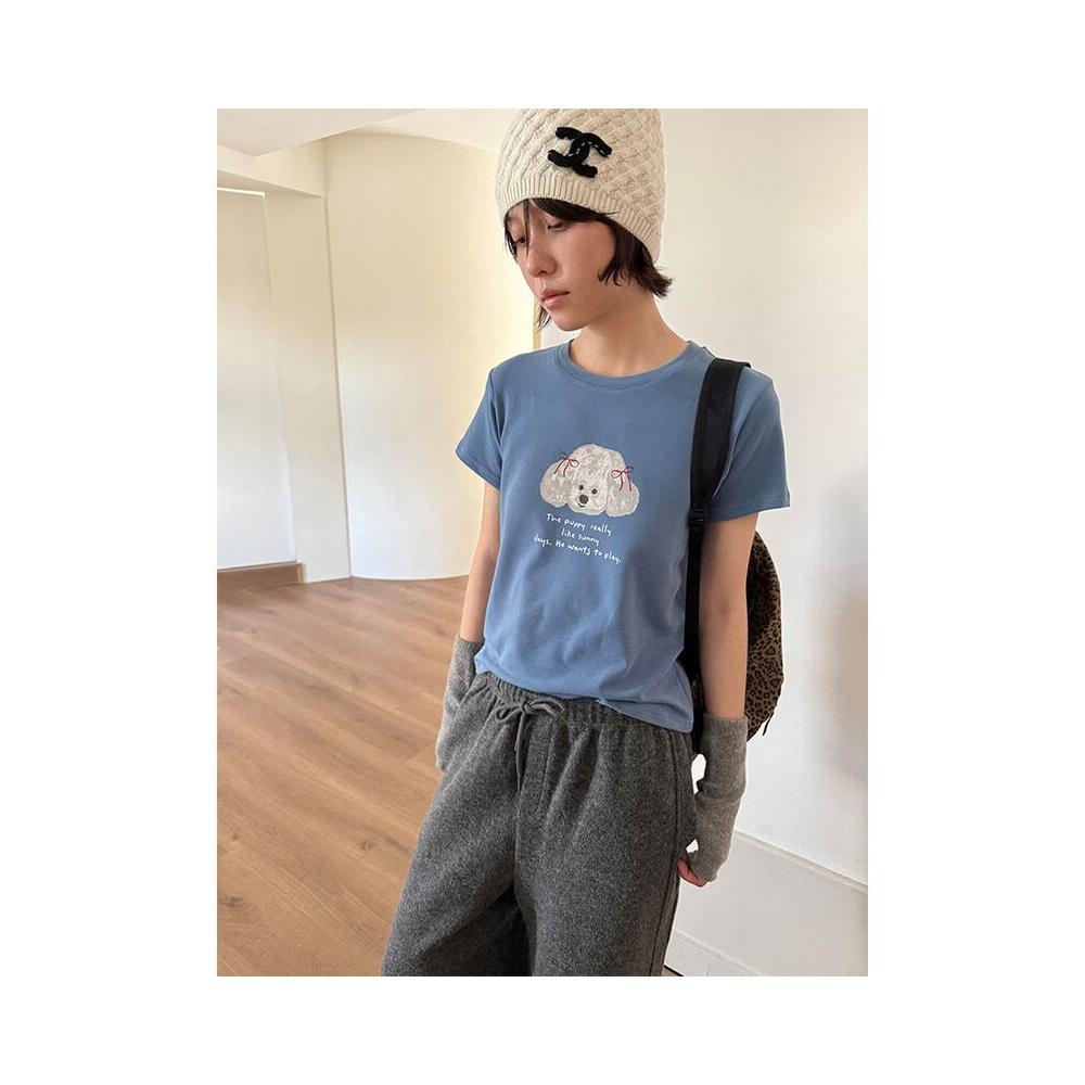 清倉不退設計感小狗印花磨毛T恤女韓系百搭寬松短袖上衣23778 0ee