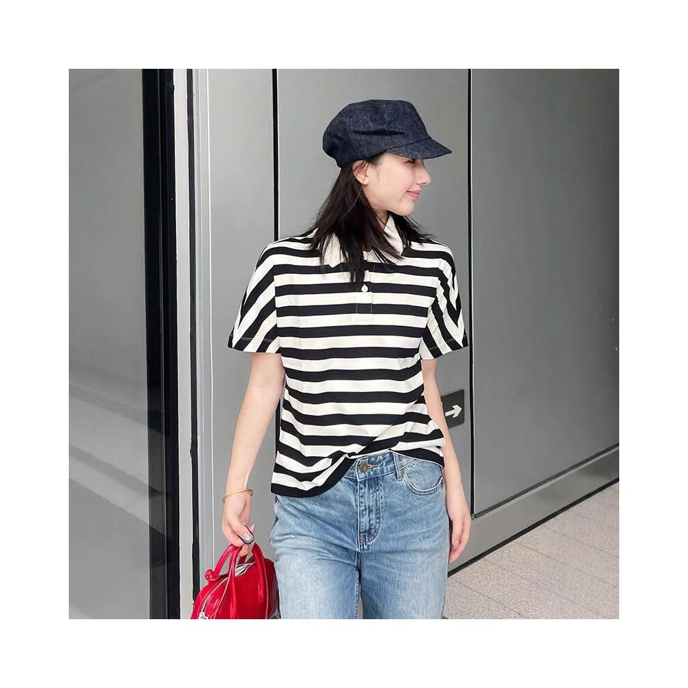 希妍 短袖女T恤新款純棉黑白條紋POLO短袖針織衫上衣夏季女裝