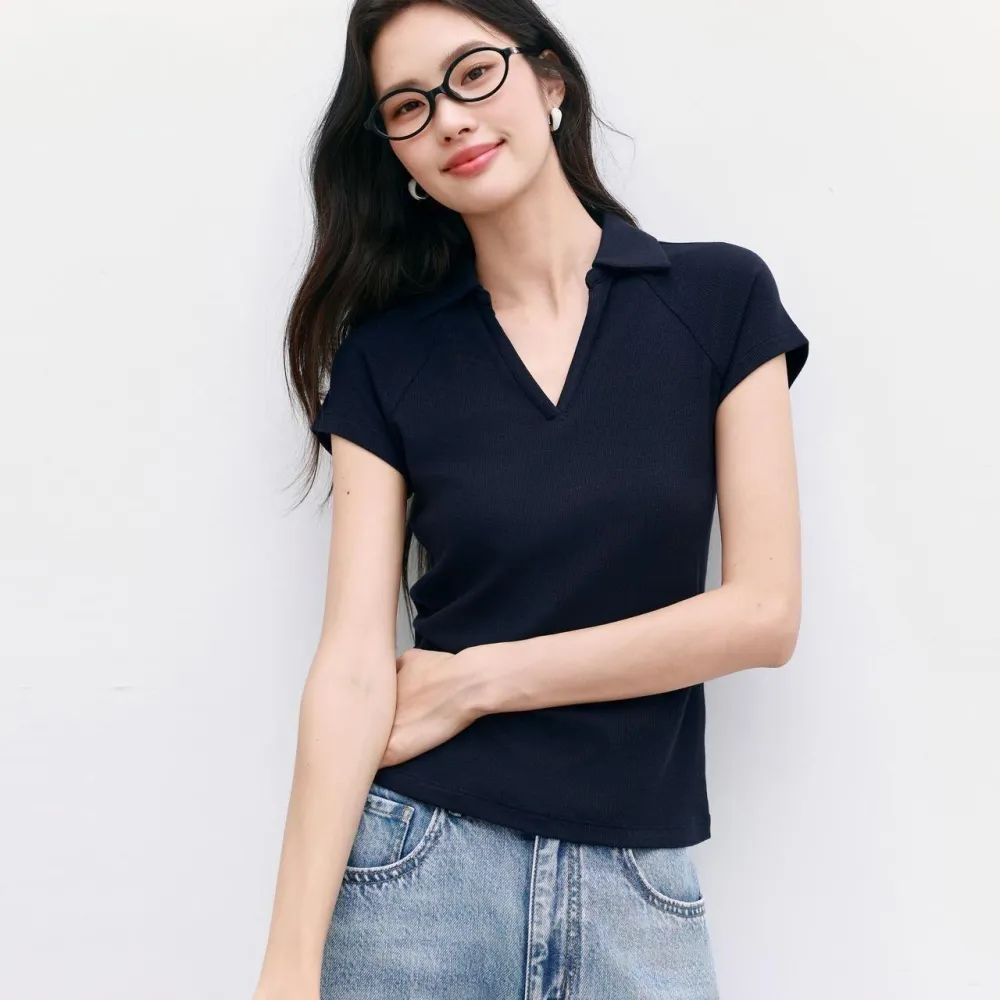 希妍 伊系新款女裝V領Polo上衣高彈修身插肩短袖T恤
