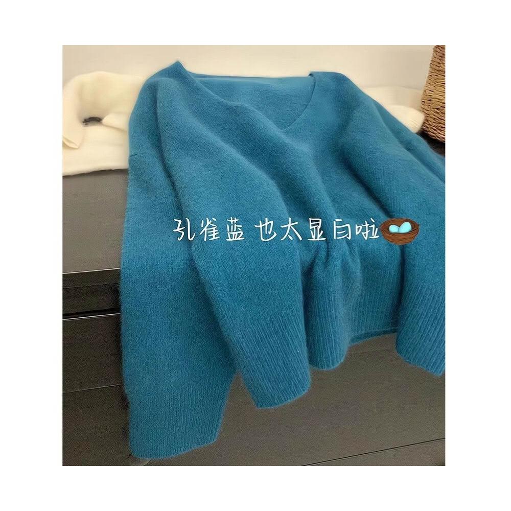 希妍 軟糯孔雀藍色V領針織內搭女厚秋冬寬松慵懶毛衣套頭短上衣