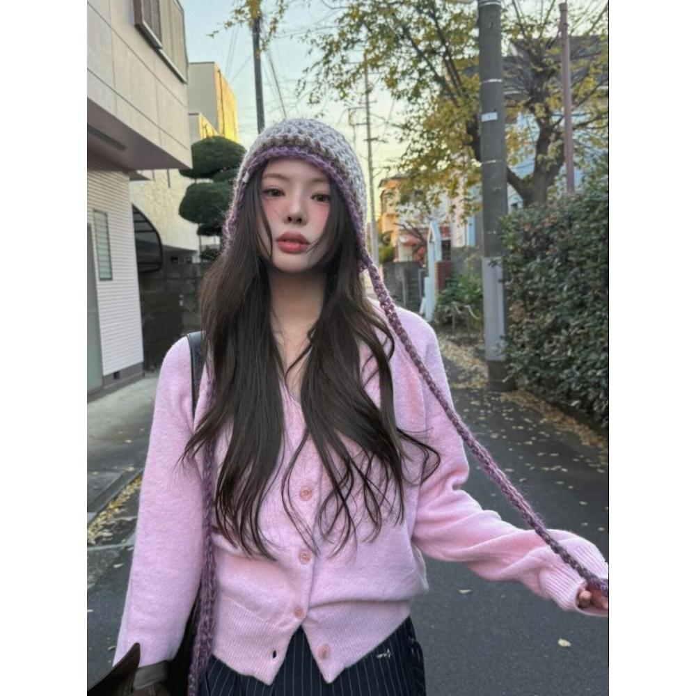 希妍 粉色v領打底內搭毛衣女秋冬韓系chic軟糯時尚感甜美針織開衫上衣